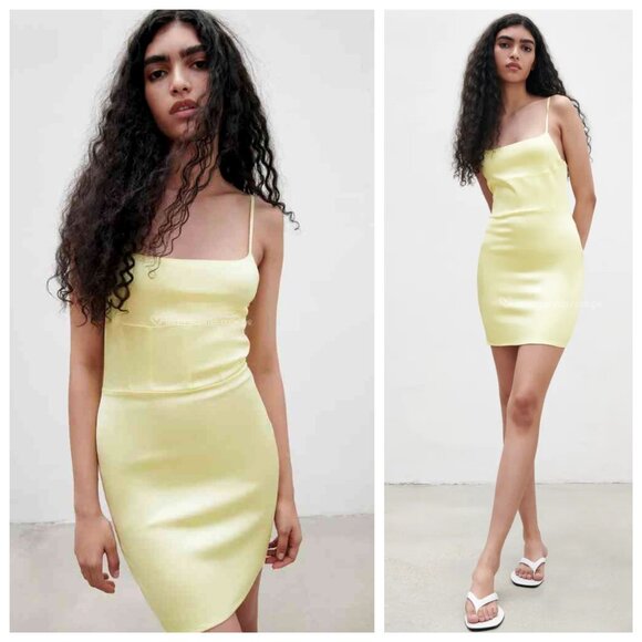 Zara | Dresses | Zara Buttermilk Yellow Satin Corset Square Neck Mini ...